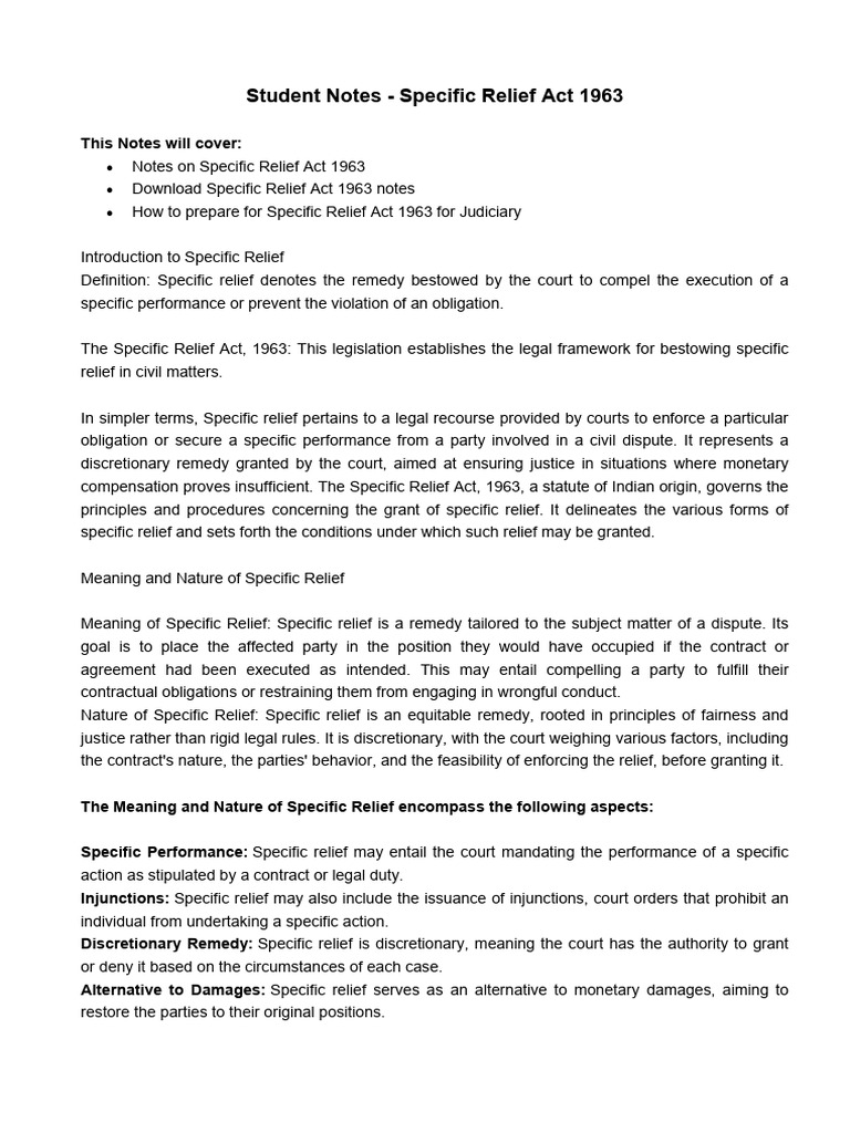 Specific Relief Act 1963 | PDF | Legal Remedy | Injunction