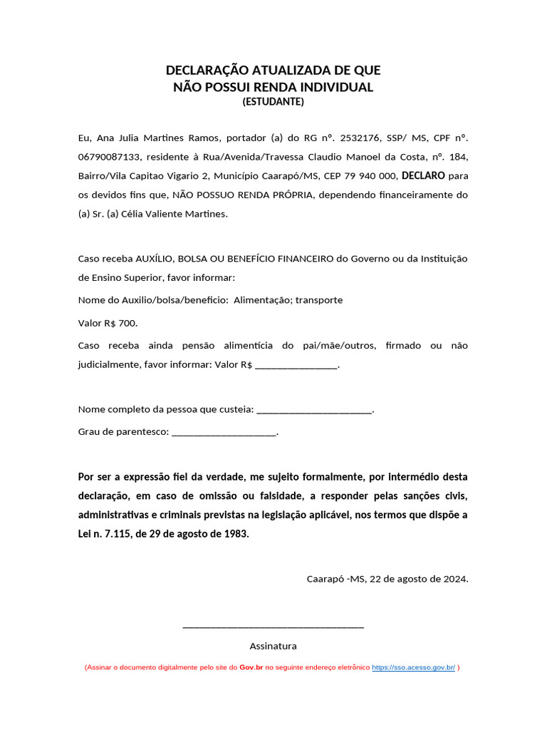 Declaração de Ausência de Renda | PDF