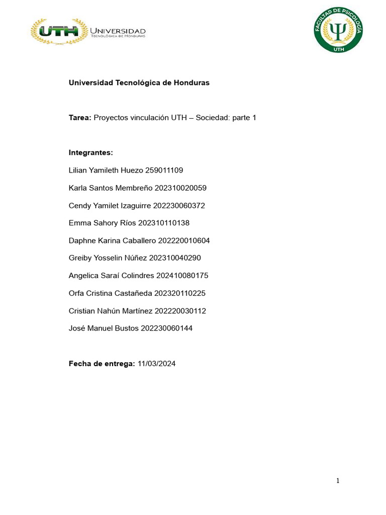 1 Tarea_ Proyectos Vinculación UTH – Sociedad_ Parte 1 | PDF | Aprendizaje | Autoestima