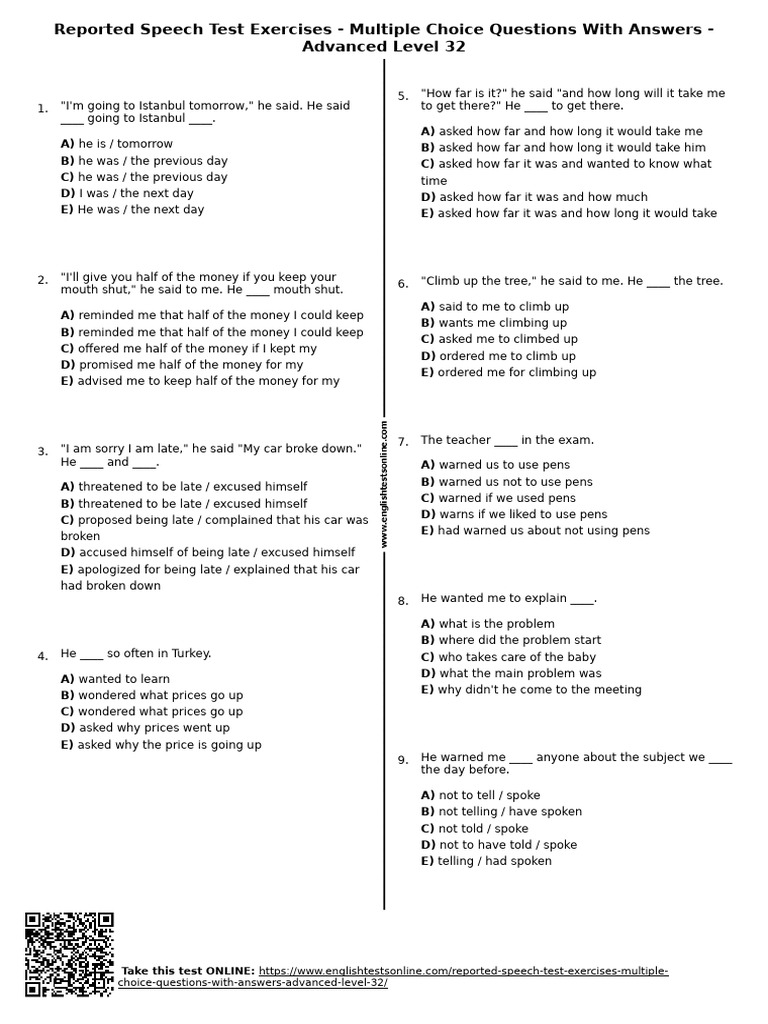 531 Reported Speech Test Exercises Multiple Choice Questions With ...