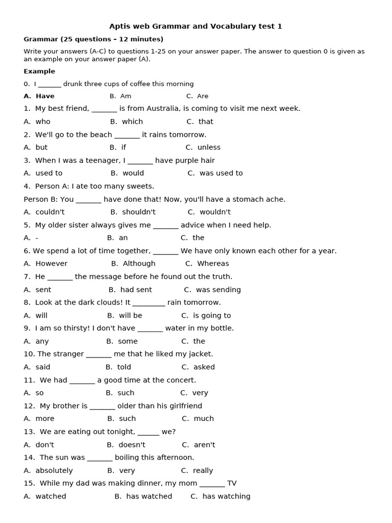 Aptis web test 1 grammar and vocabulary | PDF