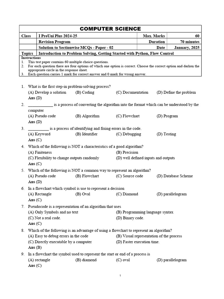 IP - Computer Science - MCQs - SW - 2 - Q + Soln | PDF | Python (Programming Language) | Algorithms