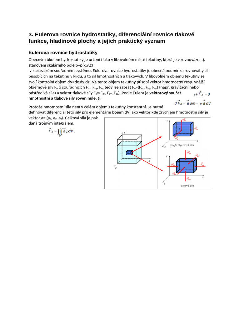 3. Eulerova rovnice hydrostatiky, diferenciální rovnice tlakové funkce, | PDF
