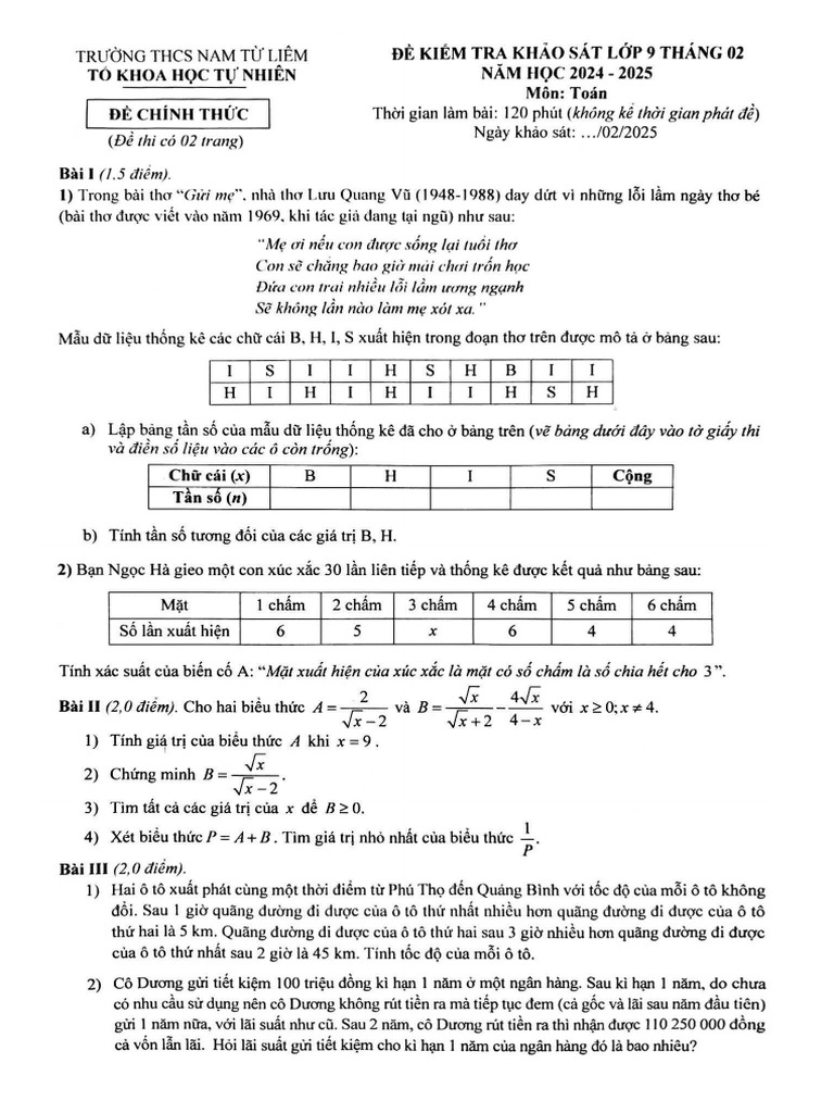 De Khao Sat Toan 9 Thang 2 Nam 2025 Truong Thcs Nam Tu Liem Ha Noi | PDF