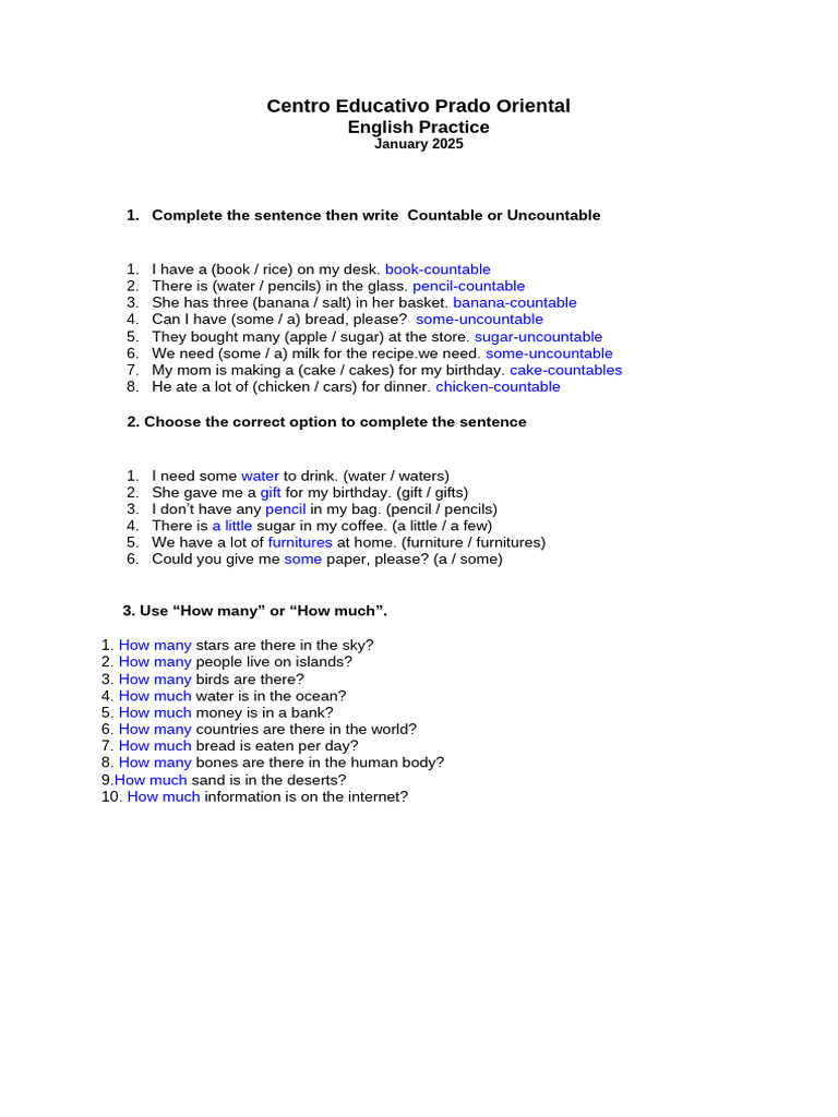 Countable vs Uncountable Nouns Practice | PDF