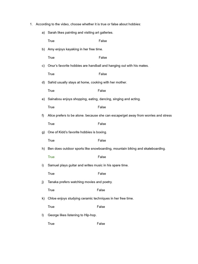 True or False: Hobbies Quiz | PDF