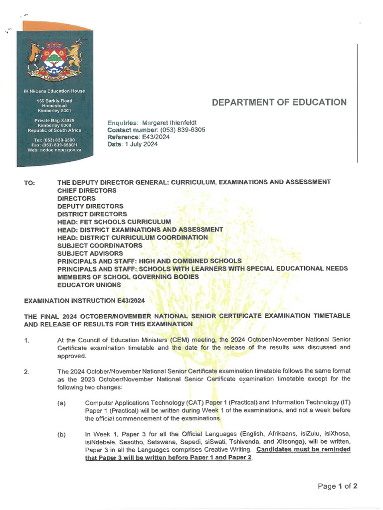 E43 of 2024 - NSC Oct-Nov 2024 Timetable and Release of Results For ...