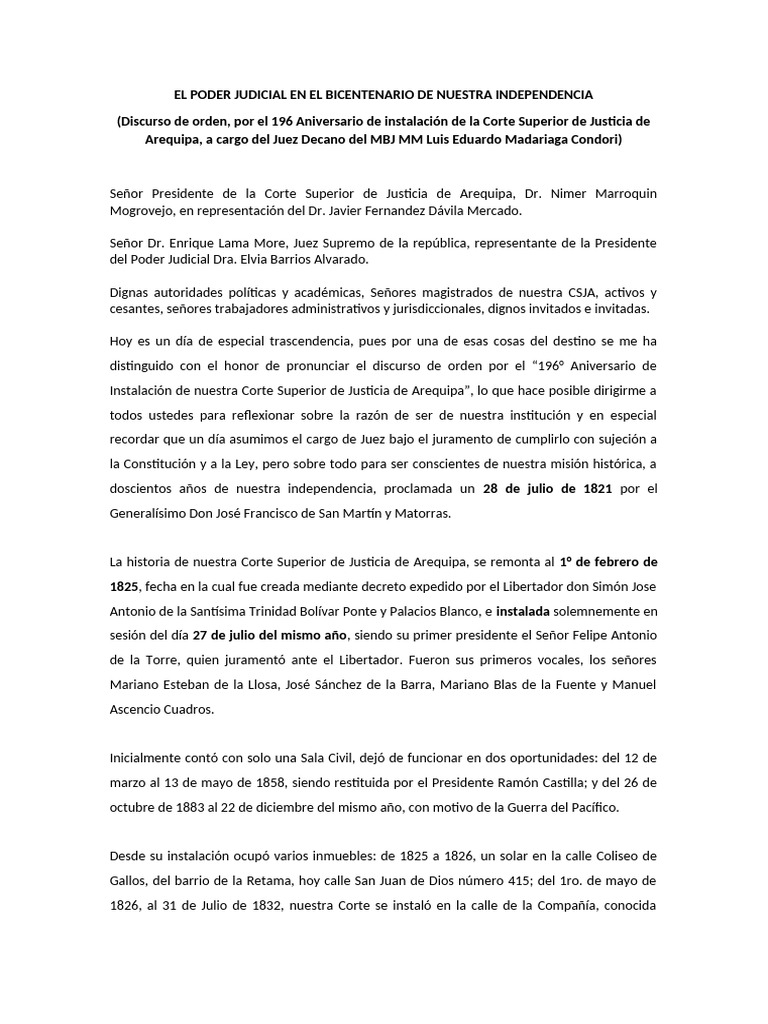 DISCURSO Dr. LUIS MADARIAGA ANIV CSJA - LEMC 2021 | PDF | Juez ...