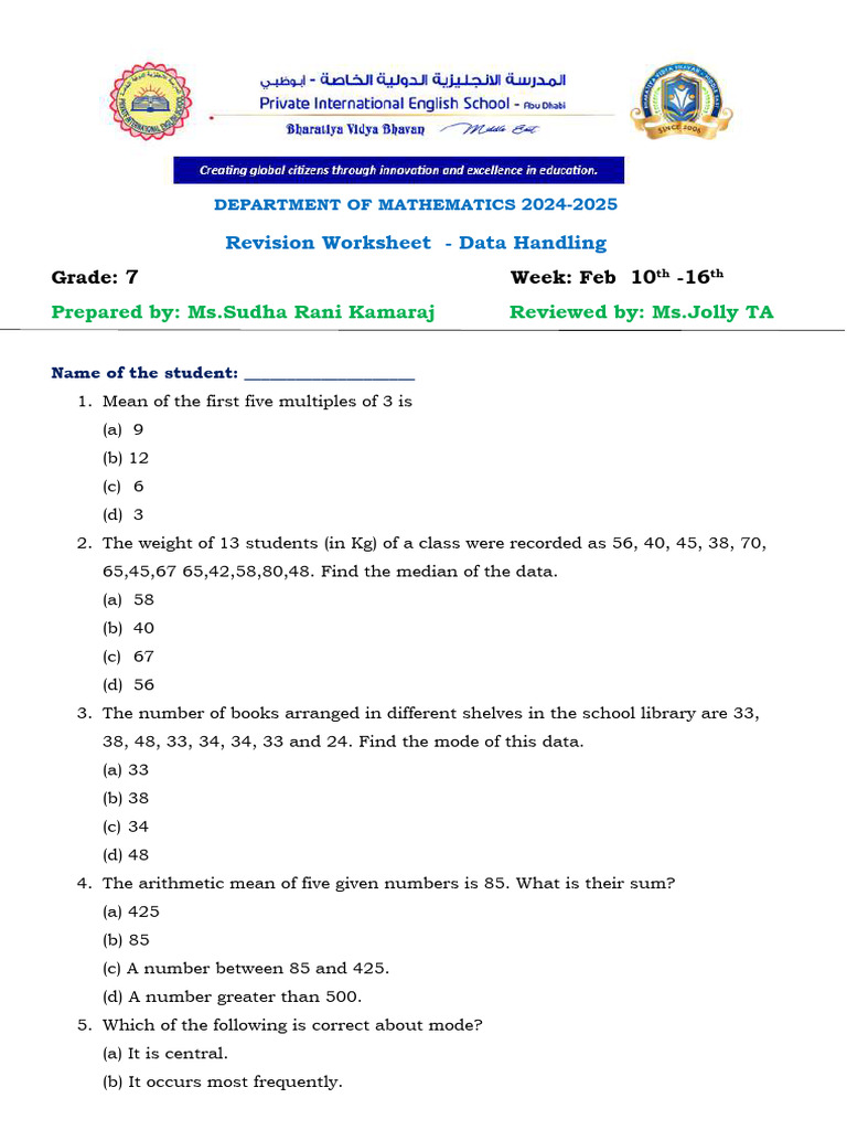 Data Handling - AE Revsion Worksheet | PDF | Mean | Mathematical Concepts