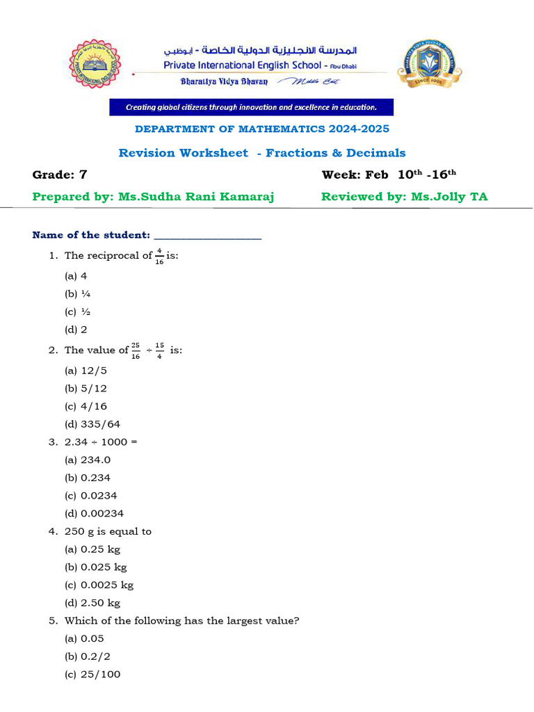 Fractions Decimals - AE Revsion Worksheet | PDF | Numbers | Mathematics