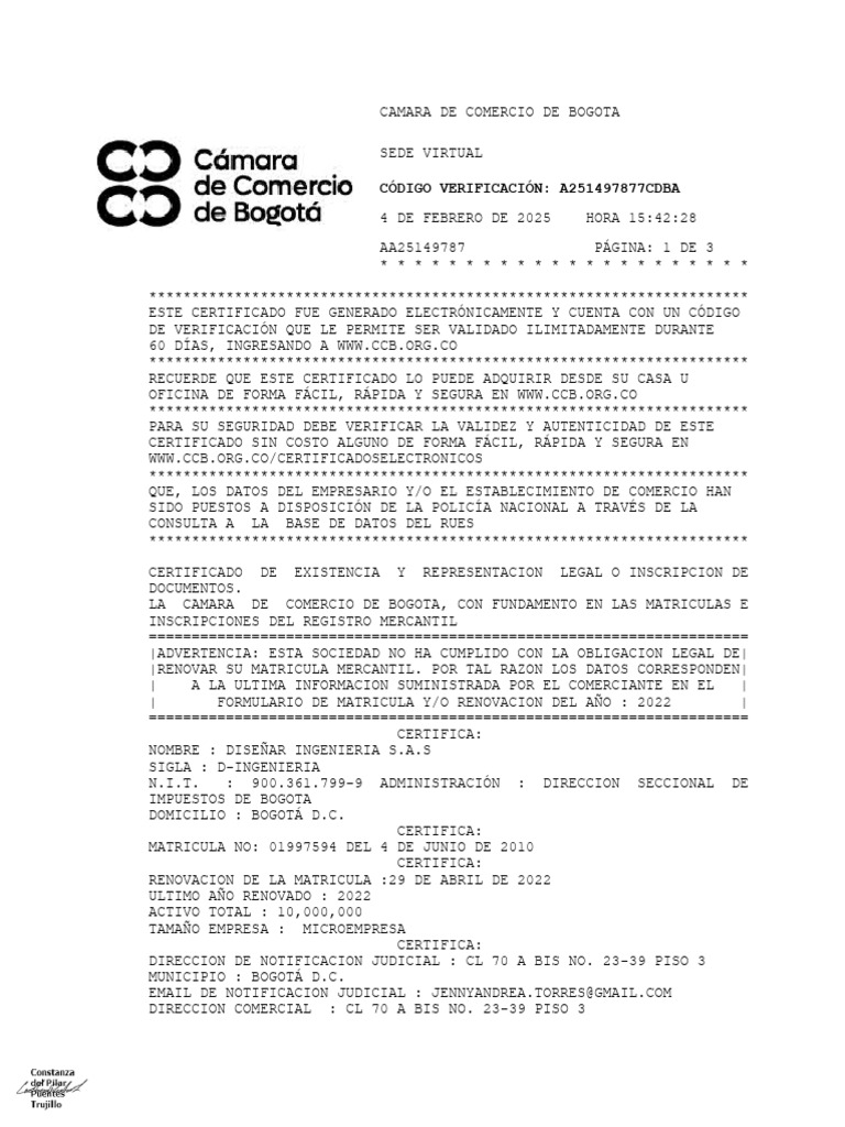 Certificado de Existencia Legal CCB 2025 | PDF | Sociedad de responsabilidad limitada | Business