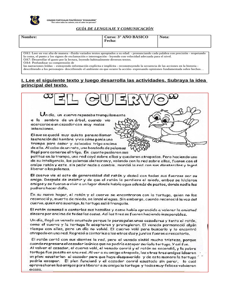 Guia 1 Unid 0 - 3 Ñ Comprensión Lectora Cuento El Cuervo | PDF | Comunicación humana | Escritura