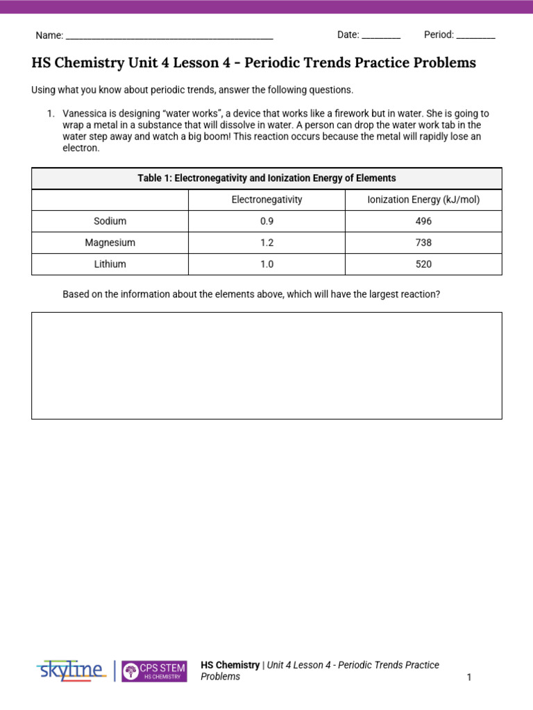 HS Chemistry Unit 4 Lesson 4 Periodic Trends - Practice Problems | PDF