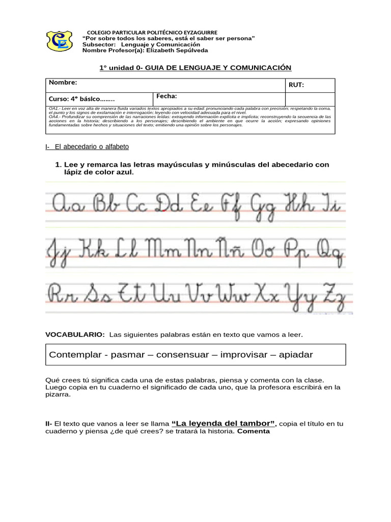 1° Guia - Unidad 0 - LENGUAJE 4° Año ABC - Leyenda Del Tambor | PDF