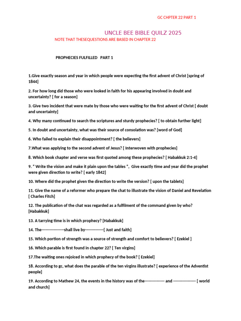 Uncle Bee Bible Quilz 2025 Chapter 22 Part 1 | PDF | Prophecy | Prophet