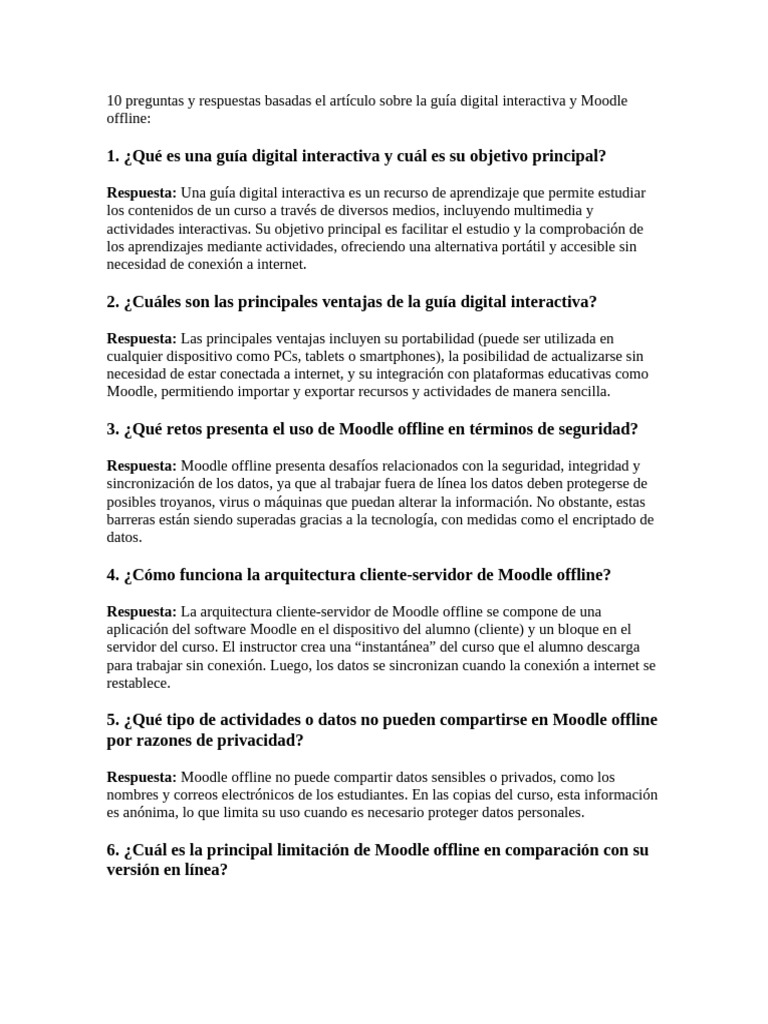 10 Preguntas y Respuestas Basadas en La Lectura Sobre La Guía Digital Interactiva y Moodle ...