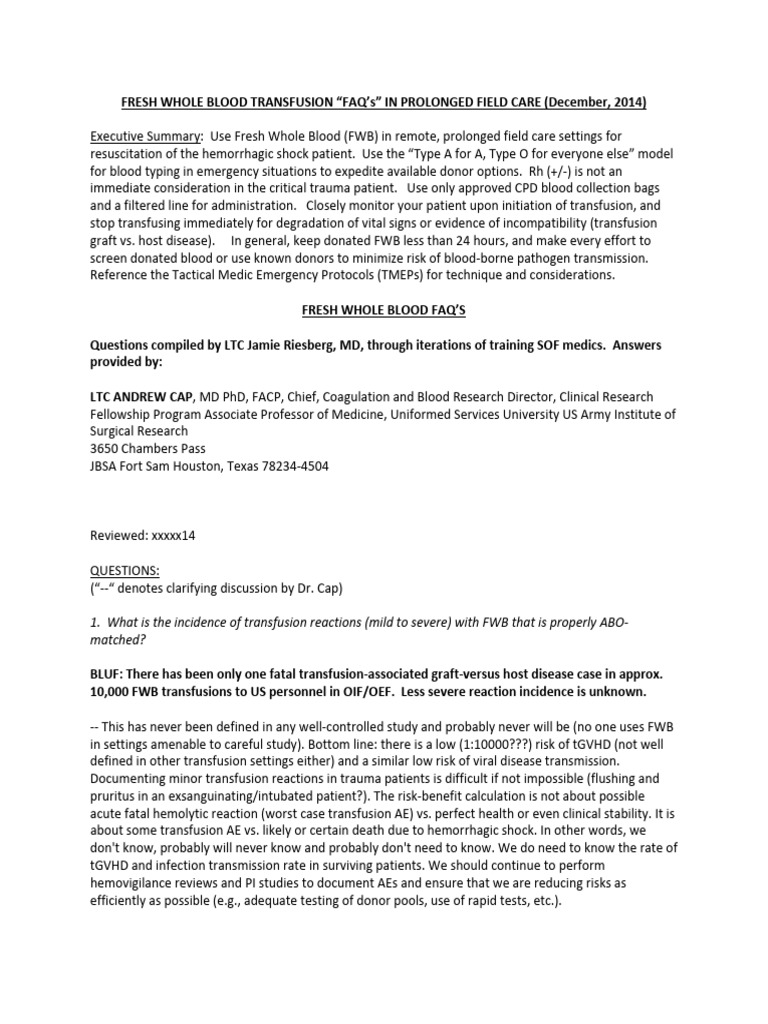 Fresh Whole Blood (FWB) Transfusion FAQ's | PDF | Blood Transfusion | Blood Type