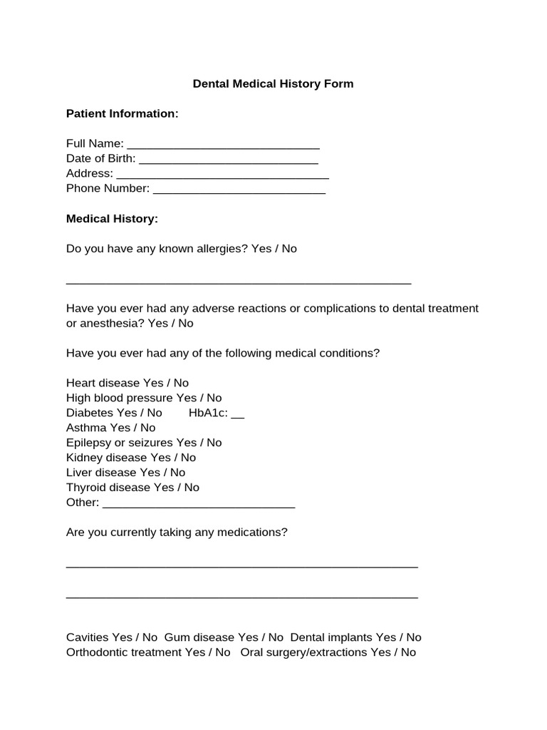 Dental Medical History Form Pdf