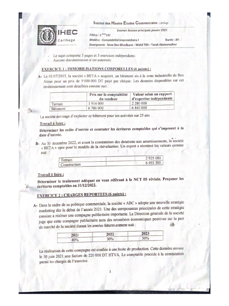 Exam Compta Inter 1 | PDF