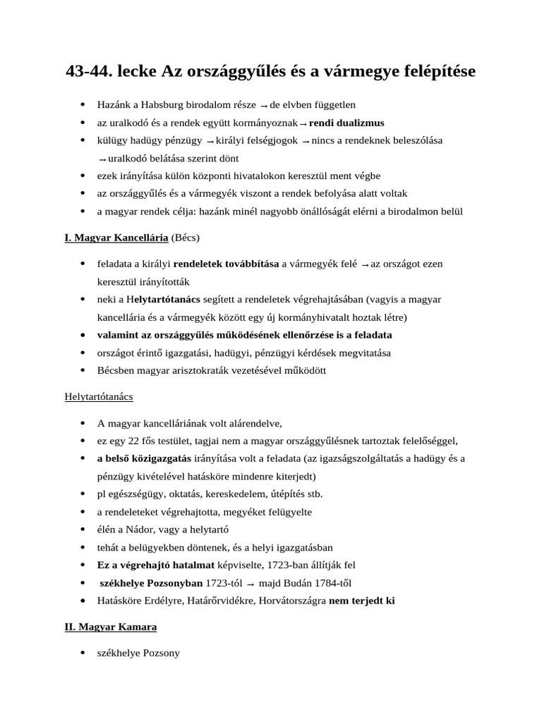 43-44. Lecke Az Országgyűlés És A Vármegye Felépítése: Rendi Dualizmus | PDF