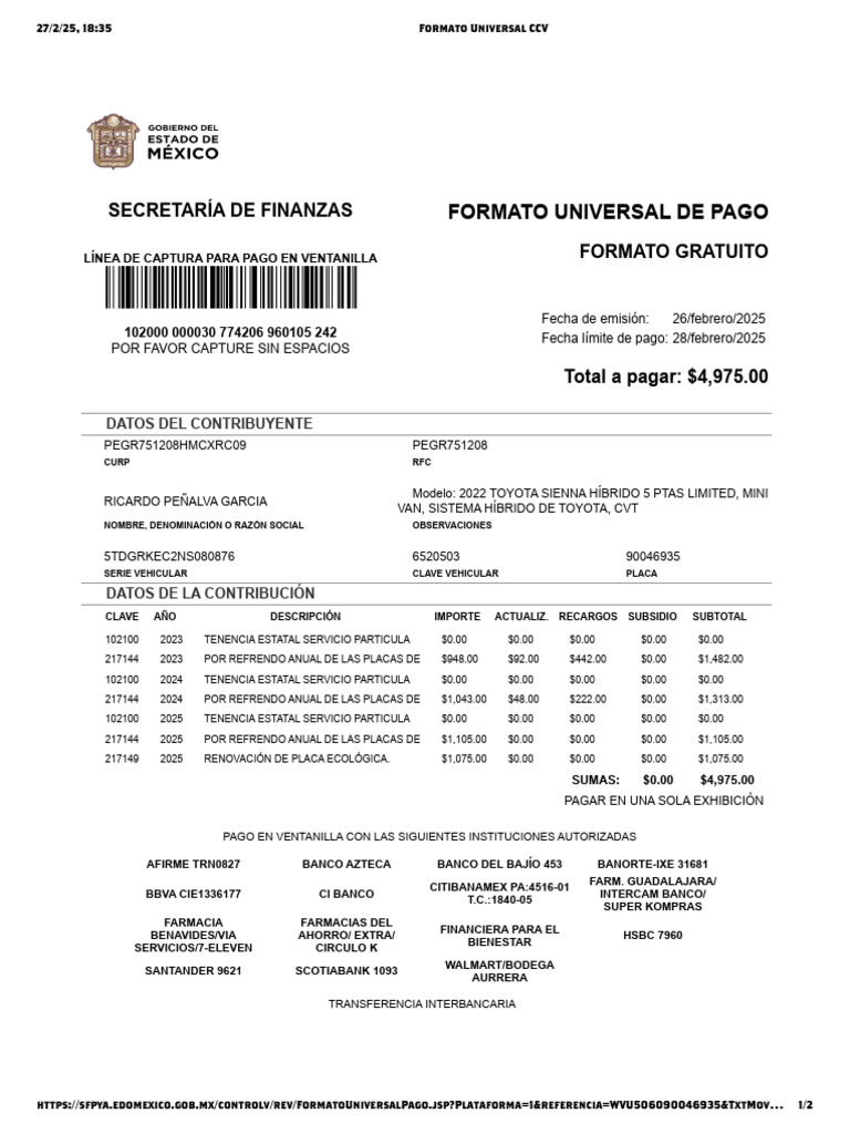 Formato Universal CCV Editar Toyota Sienna | PDF | Bancario | Bancos