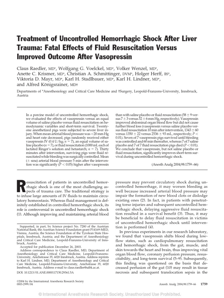 Treatment of Uncontrolled Hemorrhagic Shock After Liver Trauma: Fatal Effects of Fluid ...
