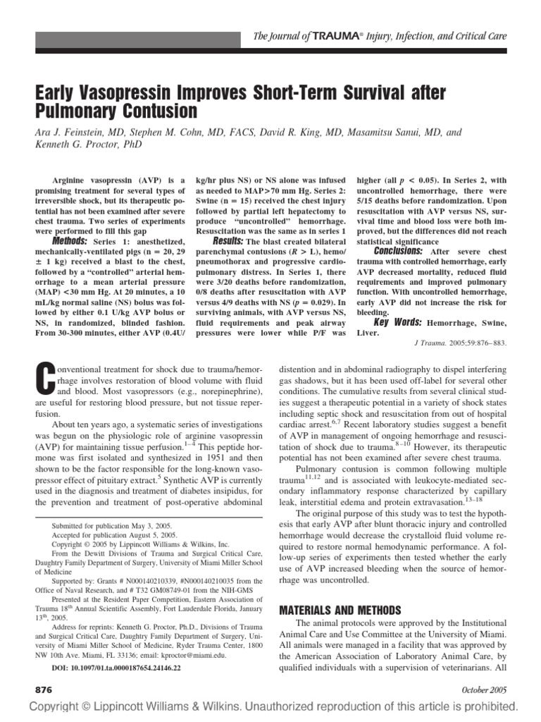 2005 J trauma Early Vasopressin Improves Short-Term Survival after Pulmonary Contusion | PDF ...