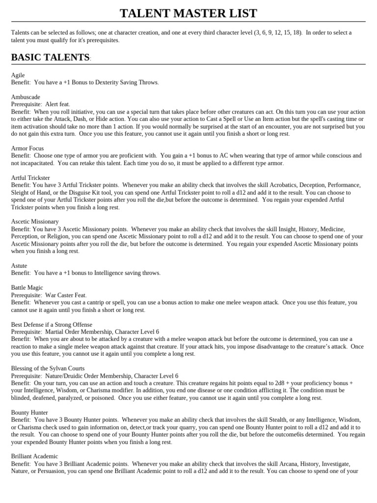 Comprehensive Talent Master List | PDF | D20 System | Gary Gygax Games