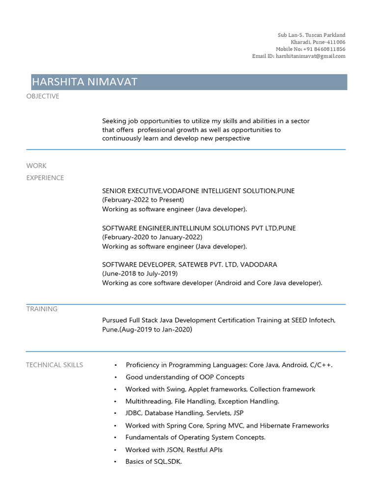 Java Developer Resume of Harshita Nimavat | PDF | Java (Programming ...