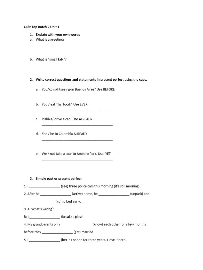 Quiz Top Notch 2 U1 | PDF