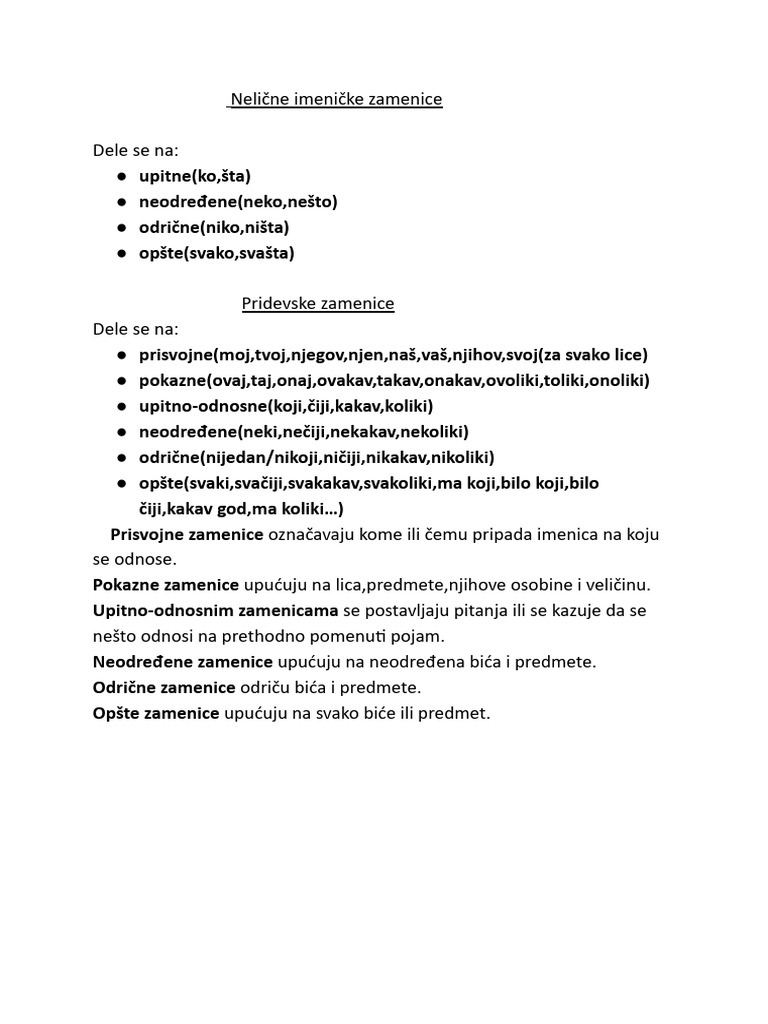 Nelične Imeničke Zamenice | PDF