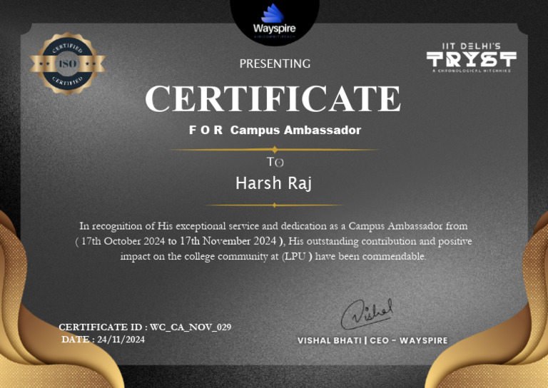 CAMPUS AMBASSADOR CERTIFICATE - Wayspire - Harsh Raj | PDF