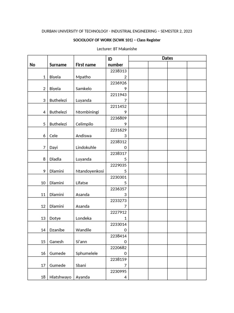 SCWK 101, Semester 2, 2023 Class Register | PDF