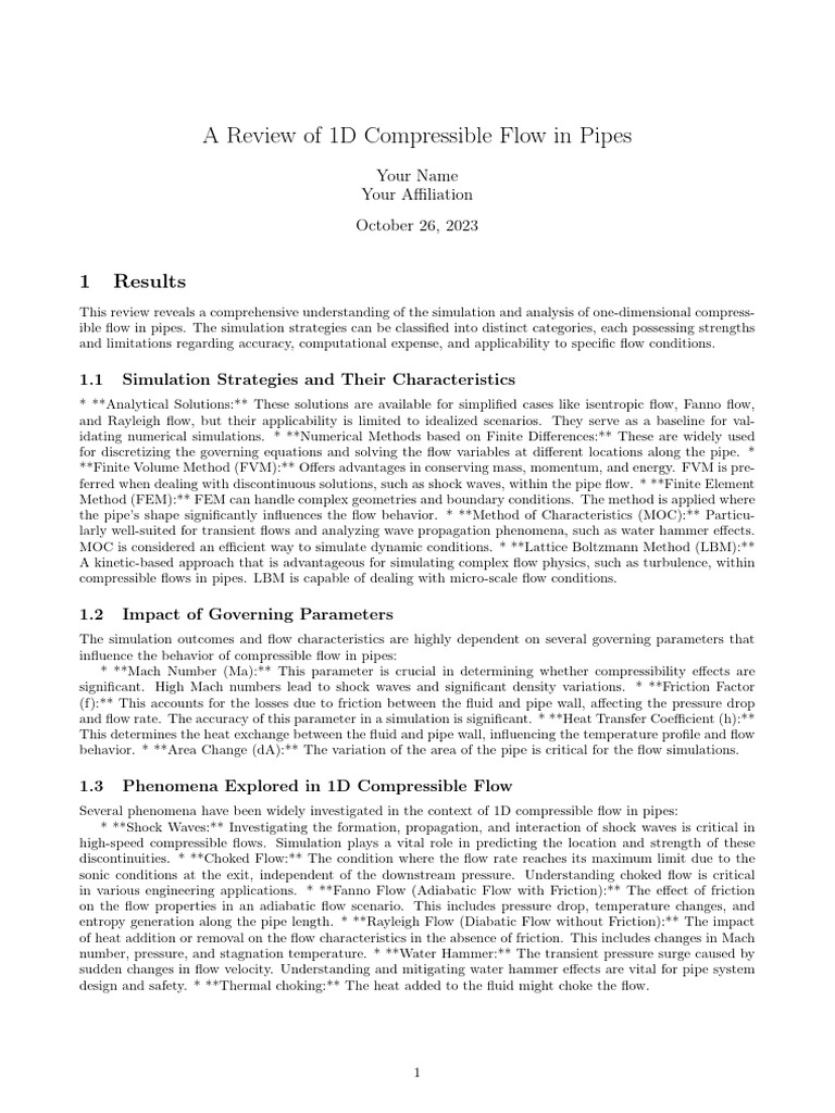 1D Compressible Flow in Pipes A Contemporary Comparative Analysis of ...