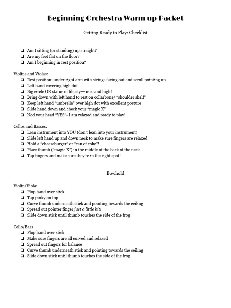 Beginning Orchestra Warm-Up Guide | PDF | String Instruments | Violin