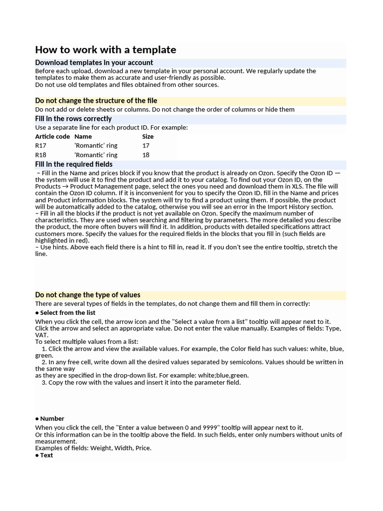 Ozon Product Template Instructions | PDF | Photography Equipment