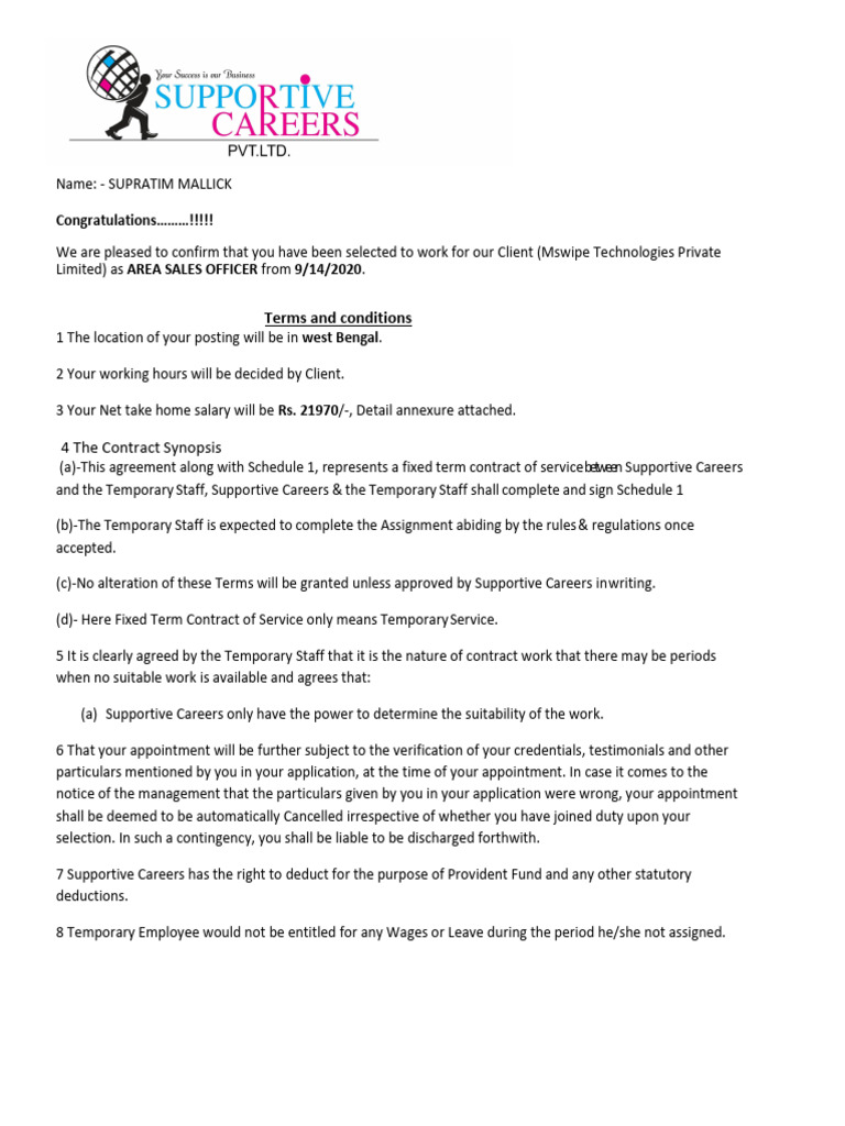 Mswipe Technologies Employment Offer | PDF | Employment | Temporary Work