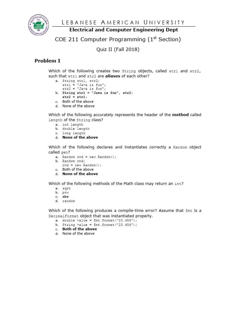 Computer Programming Quiz II Solutions | PDF