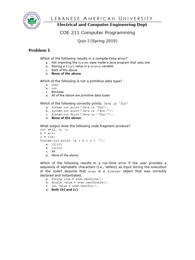 Quiz I (Spring 2019) | PDF