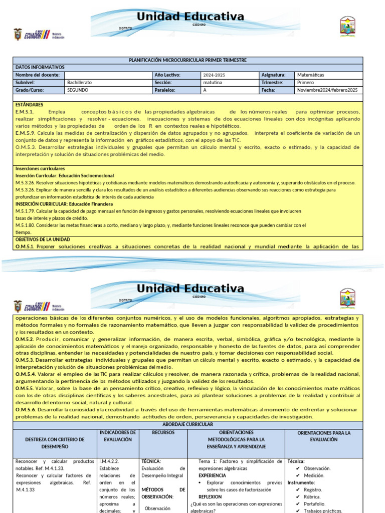 Plan - Microcurricular 2do Matematicas - 2024-2025 (1) Correcta | PDF | Sistema de ecuaciones ...