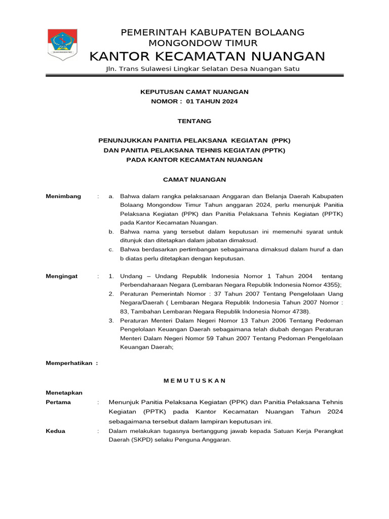 SK PPK Dan PPTK Kantor Camat 2023 | PDF