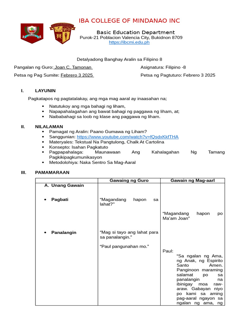 Detalyadong Banghay Aralin Sa Filipino 8 | PDF