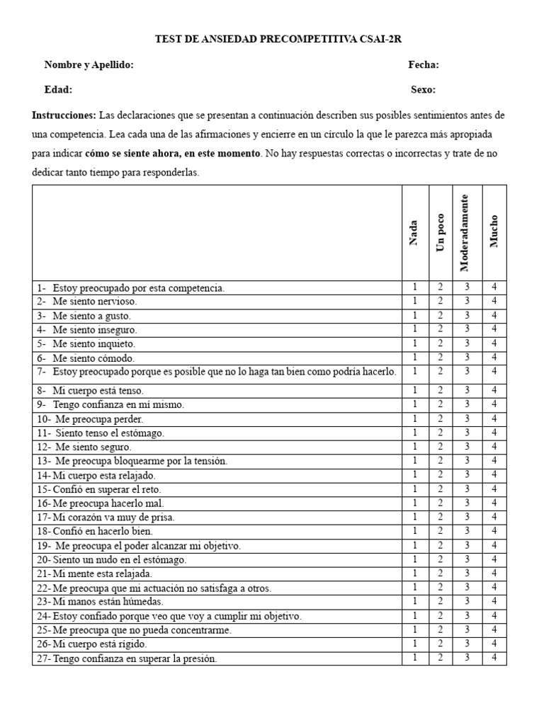 Test de Ansiedad Precompetitiva Csai 2R | PDF | Ansiedad