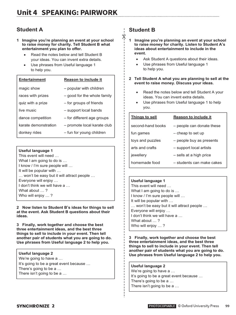 Synchronize2 TRB Worksheets Unit 4 Speaking Pairwork | PDF