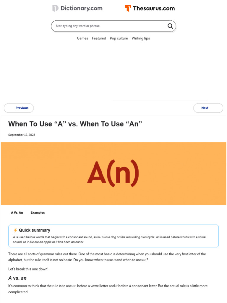 A vs. An: Grammar Guide | PDF | Consonant | Vowel