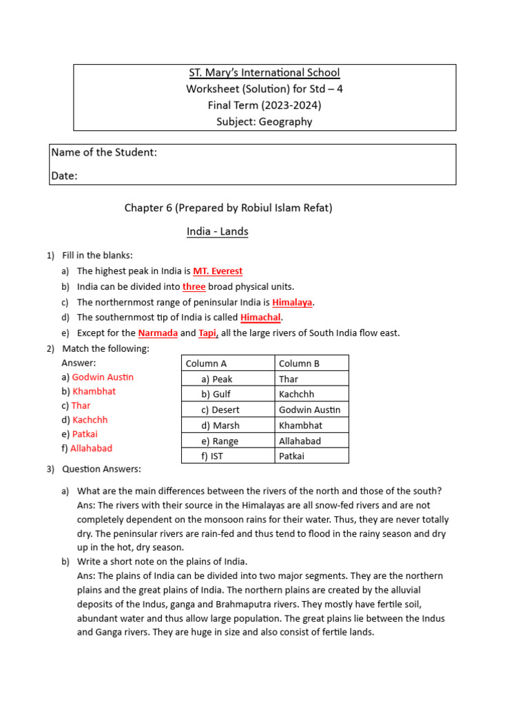Geography Chapter 6 (Solution) | PDF | Indian Subcontinent | Earth Sciences
