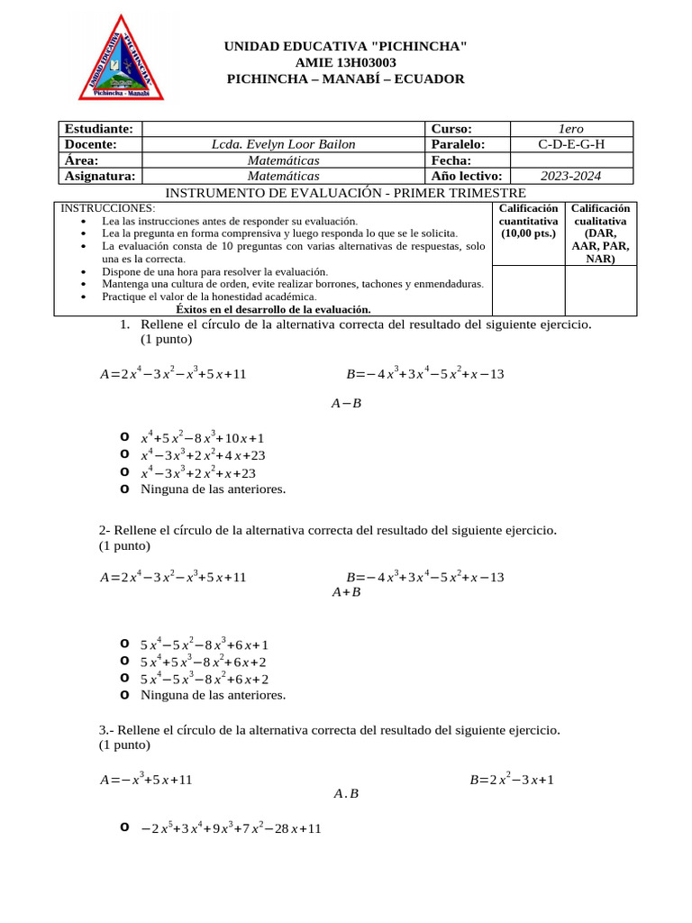 Instrumento de Evaluacion Matematica | PDF | Ecuaciones | Matemática ...