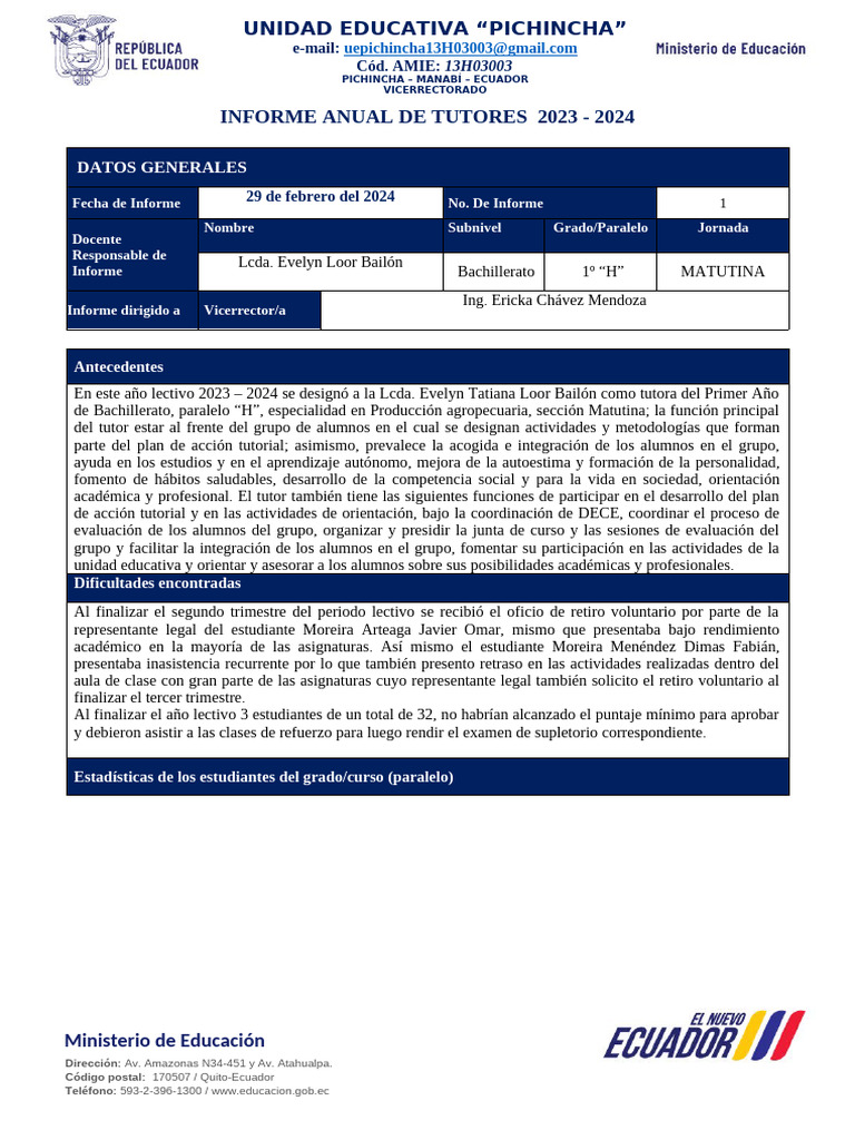 Informe de Tutor de 1ro H | PDF | Aprendizaje