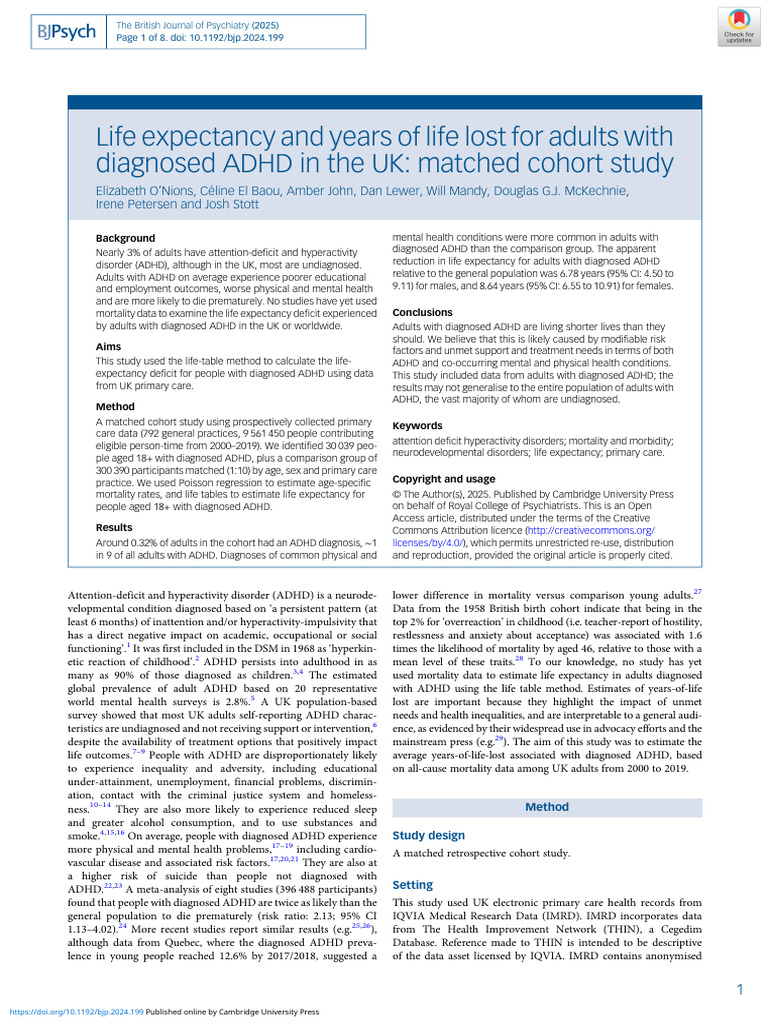 Life Expectancy and Years of Life Lost For Adults With Diagnosed Adhd ...