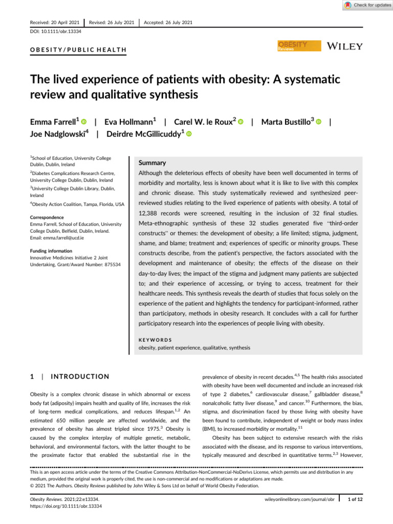 Lived Experiences of Obesity: A Review | PDF | Obesity | Bariatric Surgery